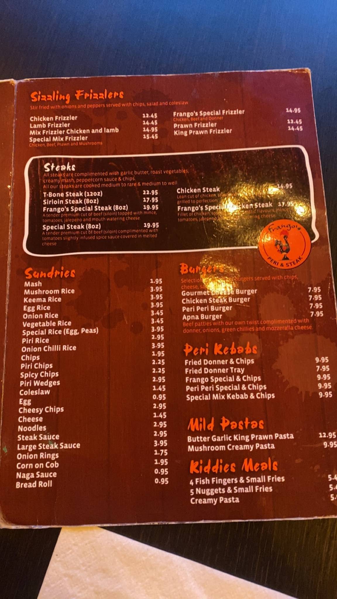 Menu at Frangos restaurant, Oldham