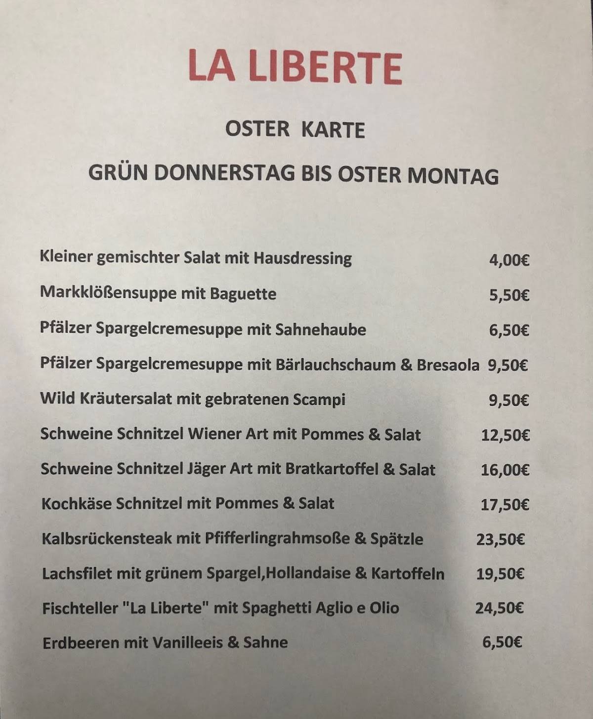 Speisekarte von La Liberté restaurant, Frankenthal (Pfalz)