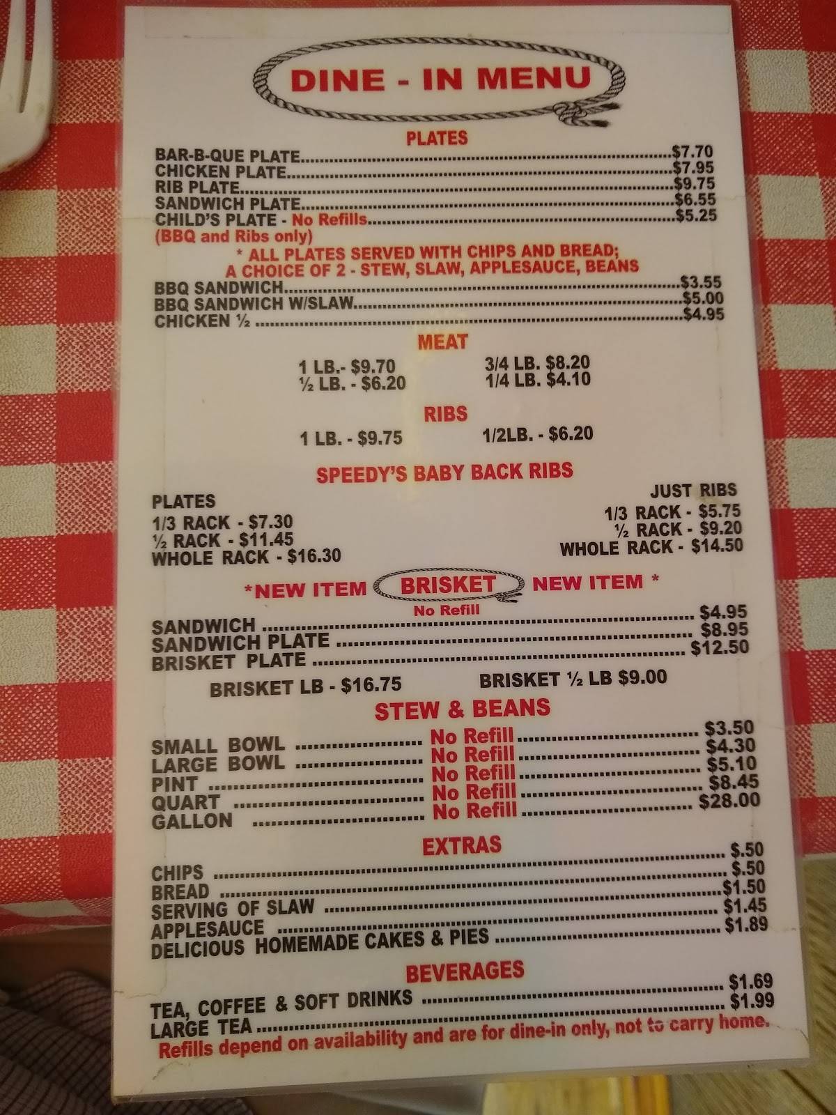 Menu at Bar H Barbecue, Franklin Springs