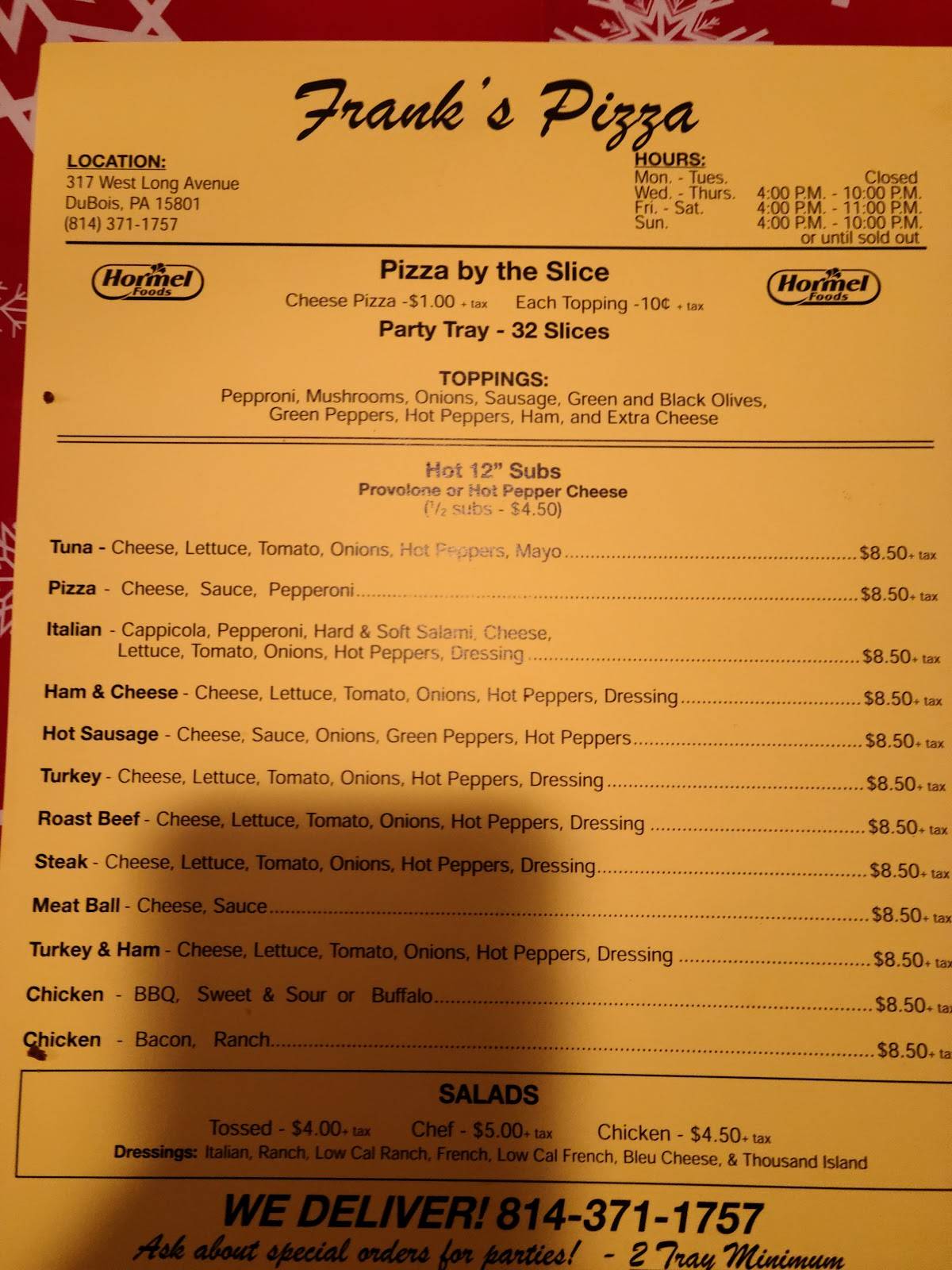 Menu at Frank's Pizza pizzeria, DuBois
