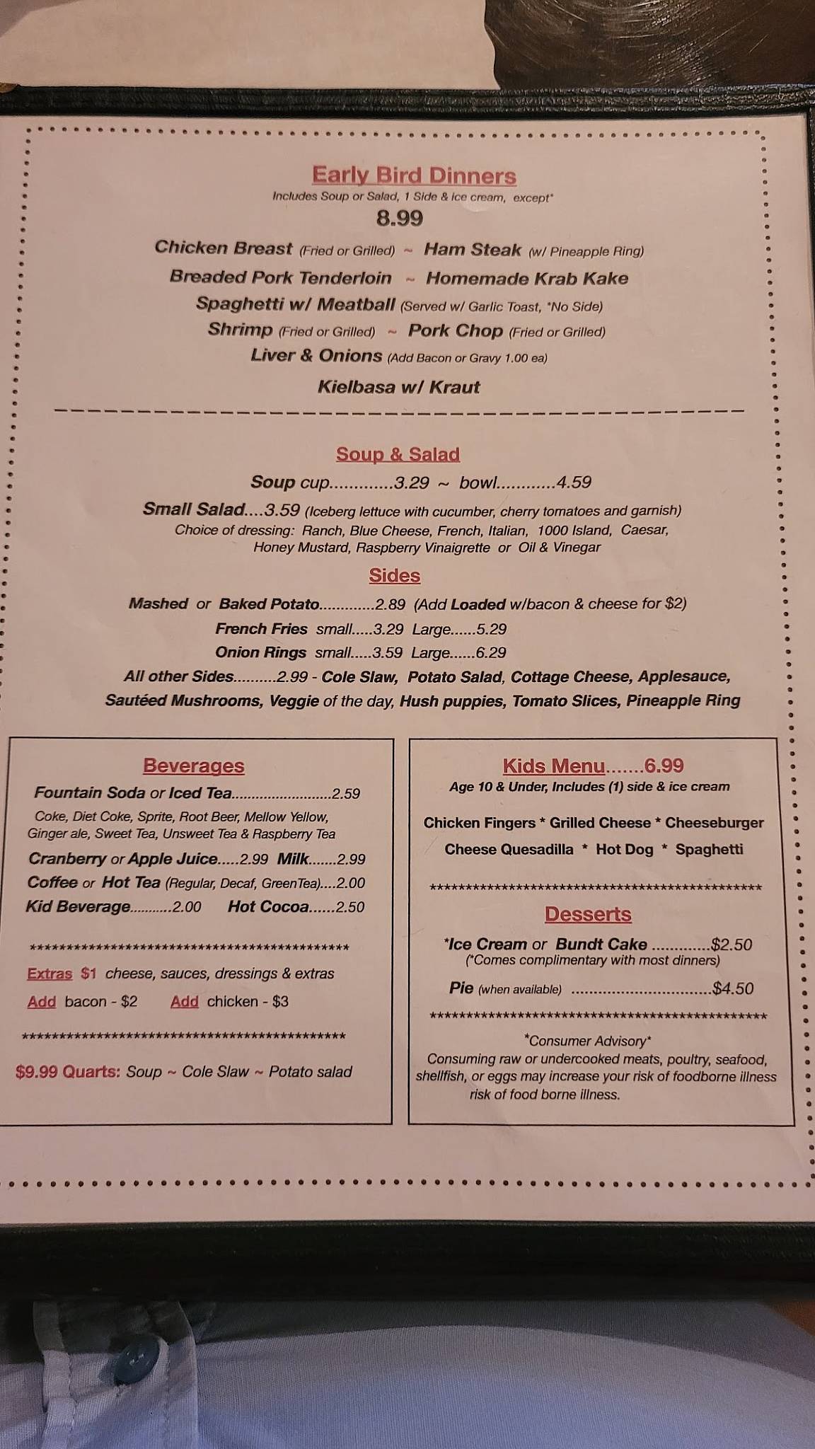 Menu at Frank's Restaurant, Hudson, U.S. Hwy 19