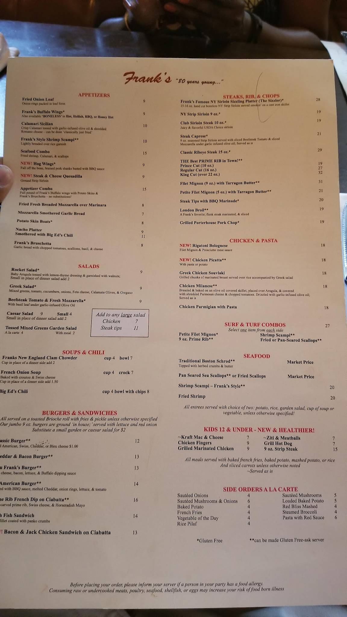 Menu at Frank's Steak House steakhouse, Cambridge