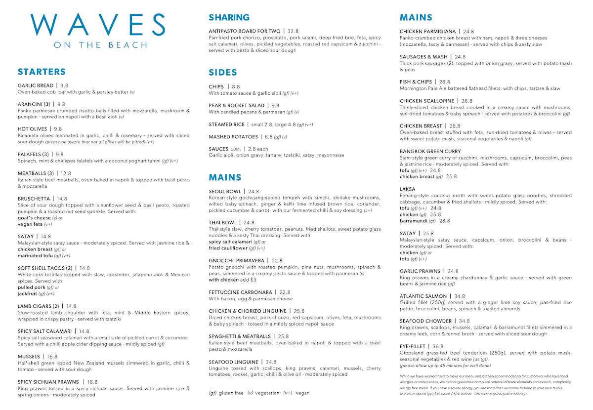Menu at Waves on the Beach Restaurant, Frankston