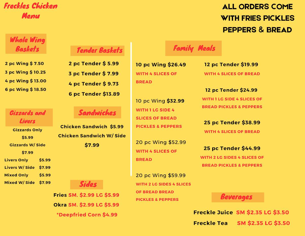 Menu at Freckles Chicken restaurant, Mesquite