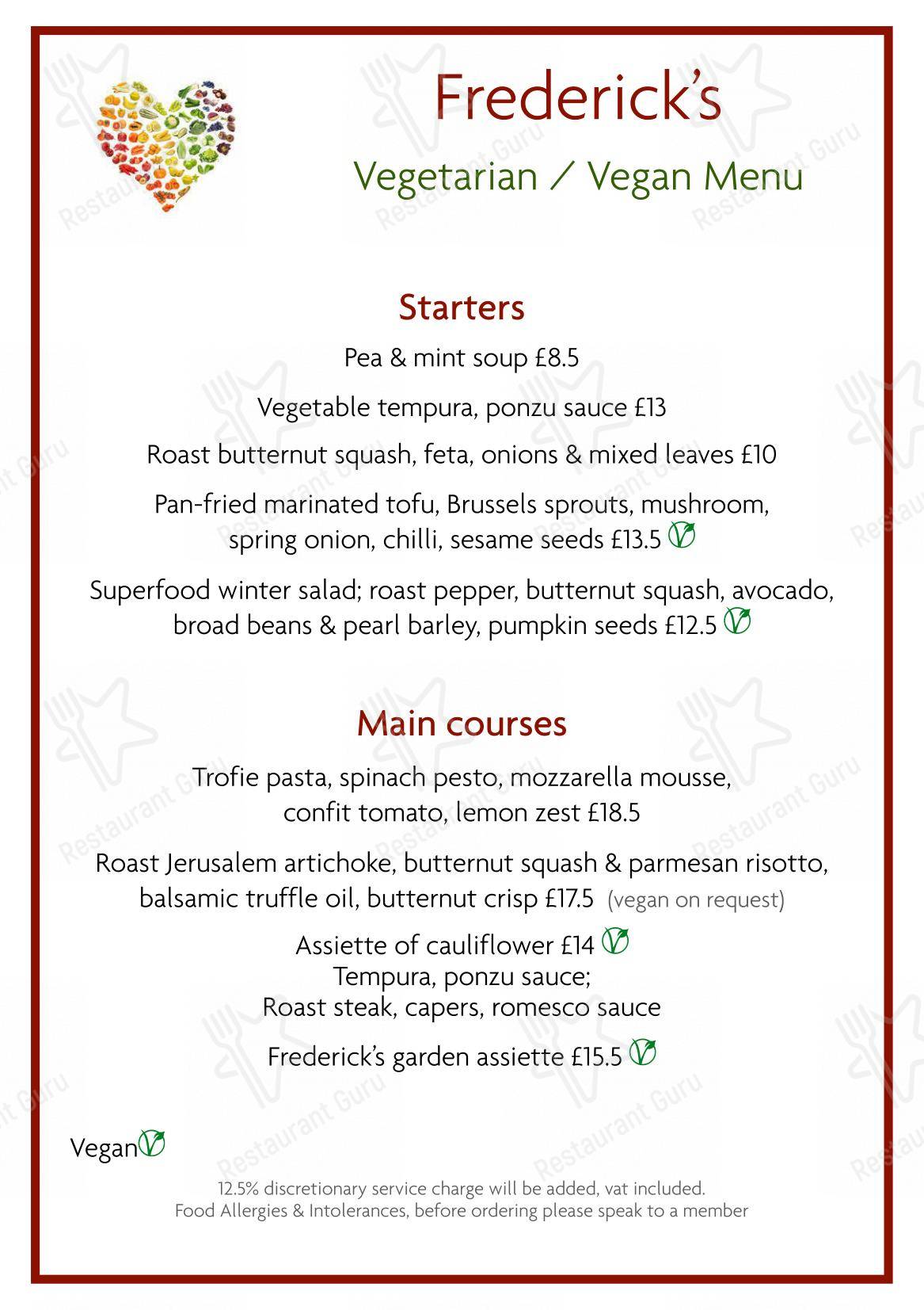 Menu at Frederick's pub & bar, London, 106 Islington High St