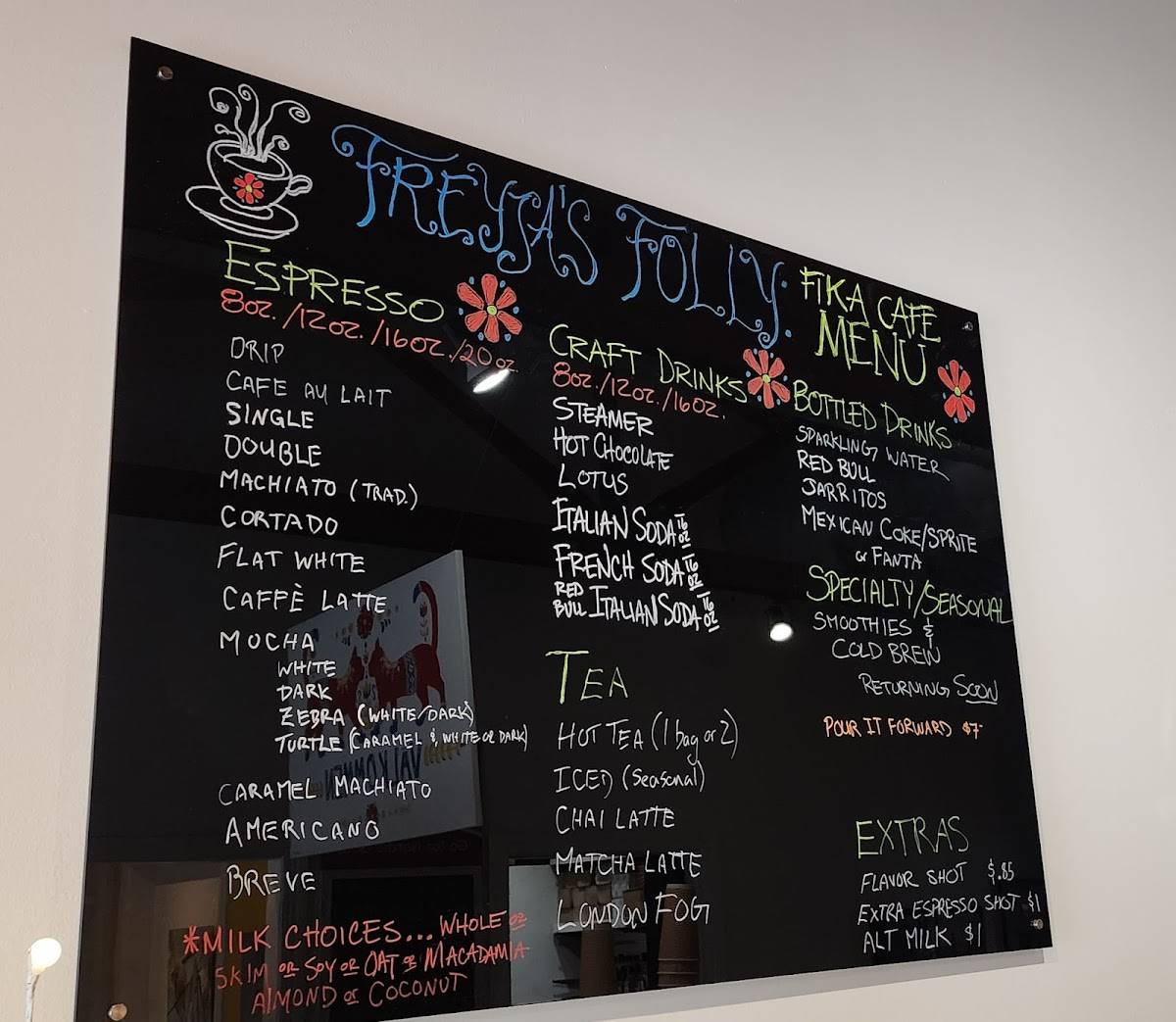 Menu at Freyja's Folly, Afton