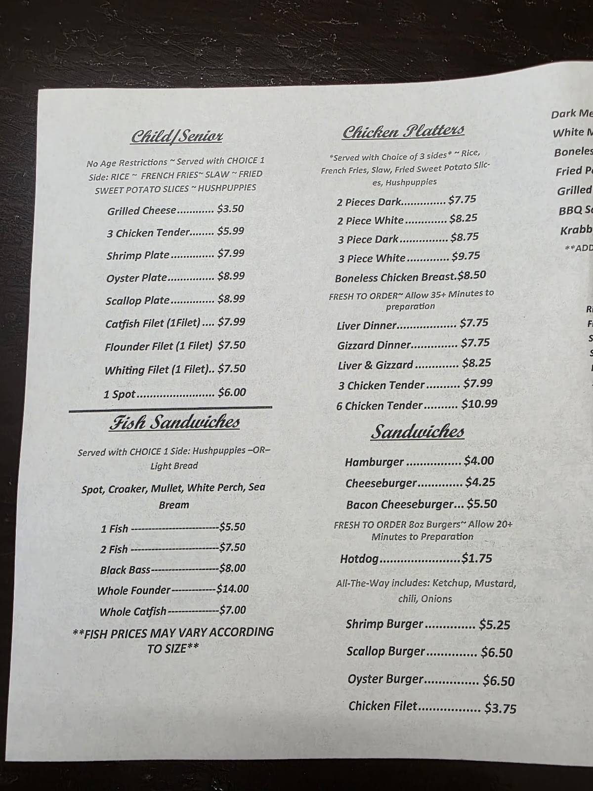 Menu at Friendly Seafood restaurant, Tabor City