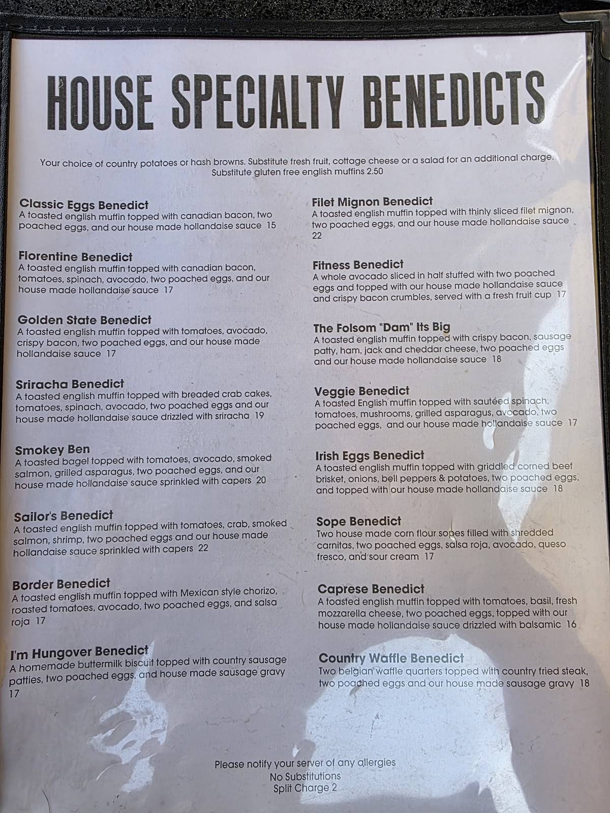Menu at Friends With Benedicts Mimosa House restaurant, Folsom