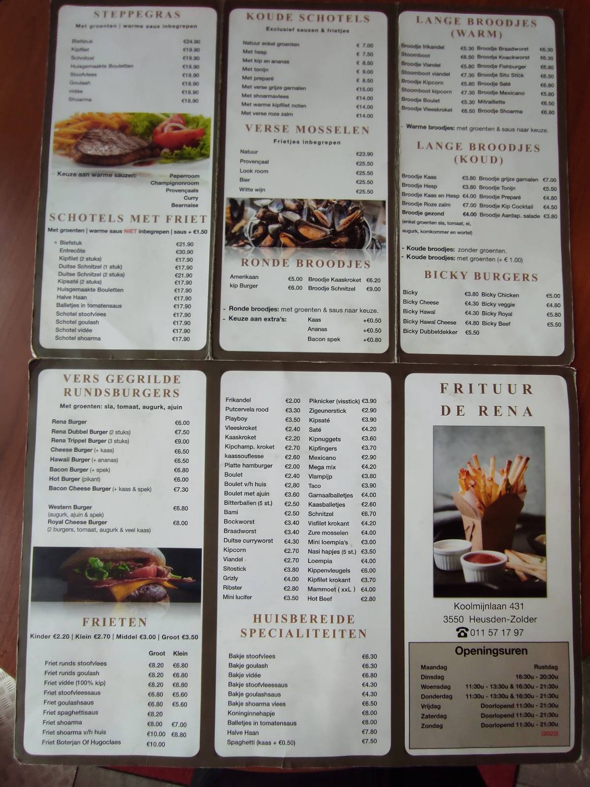 Menu at Frituur De Rena, Heusden-Zolder