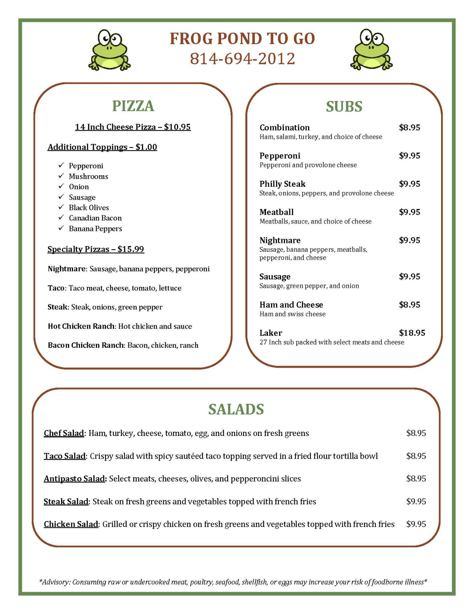Menu at Frog Pond Restaurant, Canadohta Lake, Circuit Dr