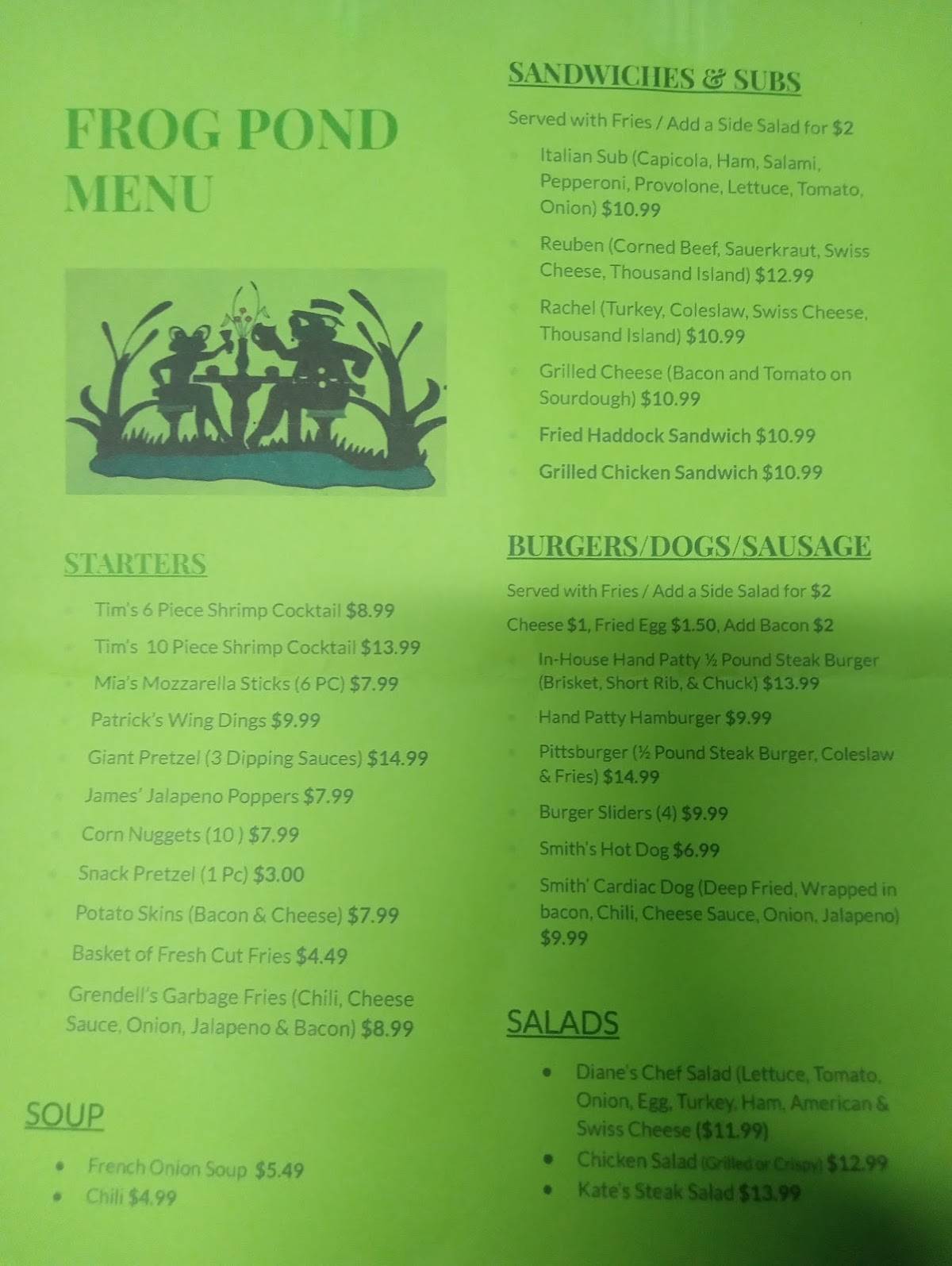 Menu at Frog Pond Restaurant, Canadohta Lake, Circuit Dr