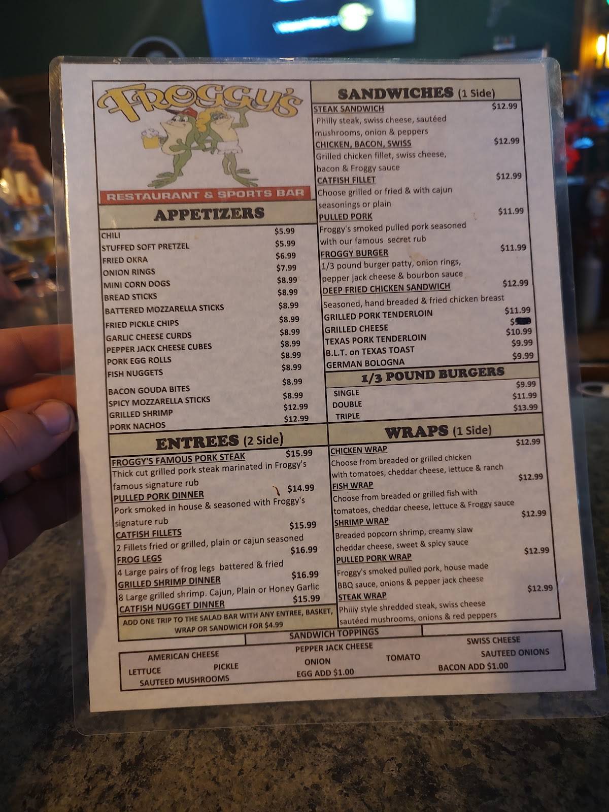 Menu at Froggy's Restaurant & Sports Bar, Wadesville, Main St