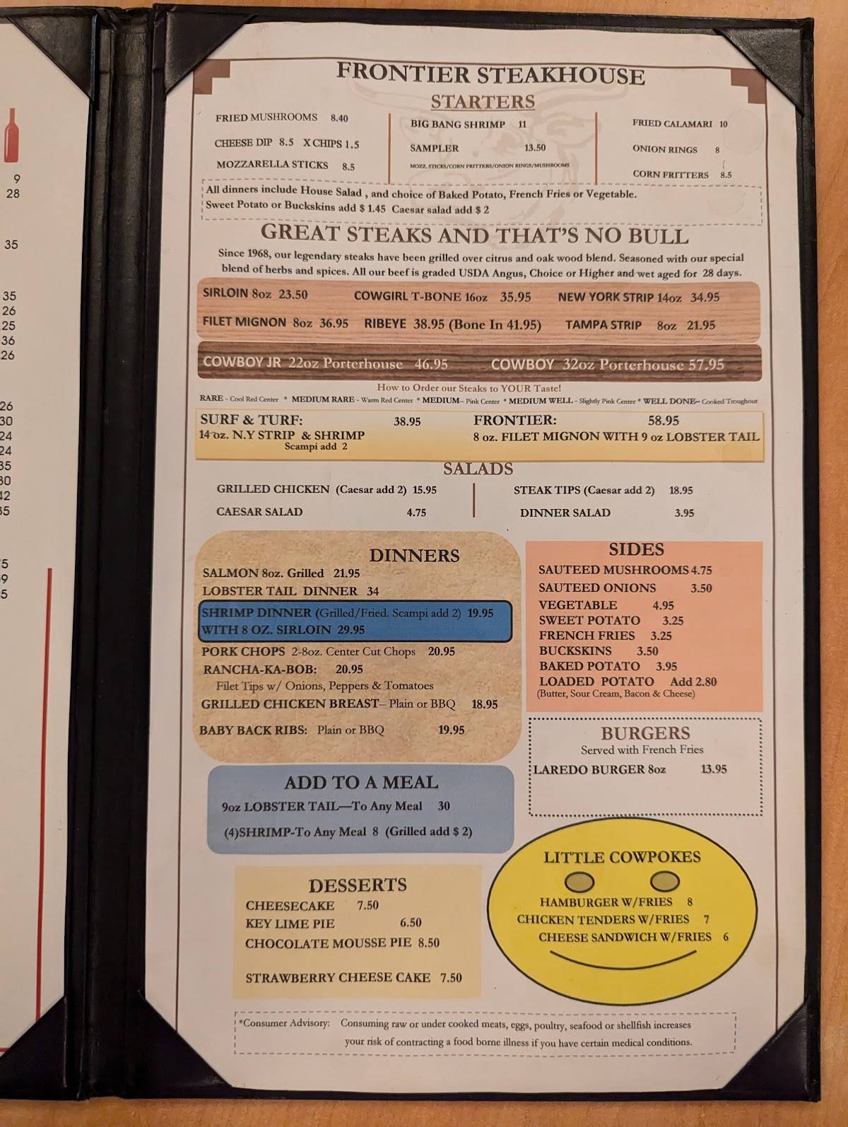 Menu at Frontier Steakhouse, Tampa