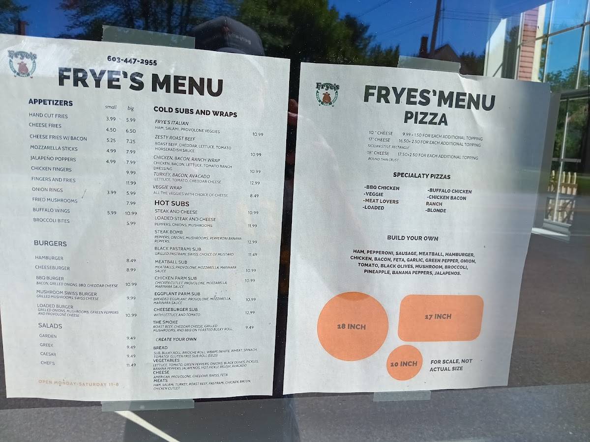 Menu at Frye's Store pizzeria, Conway