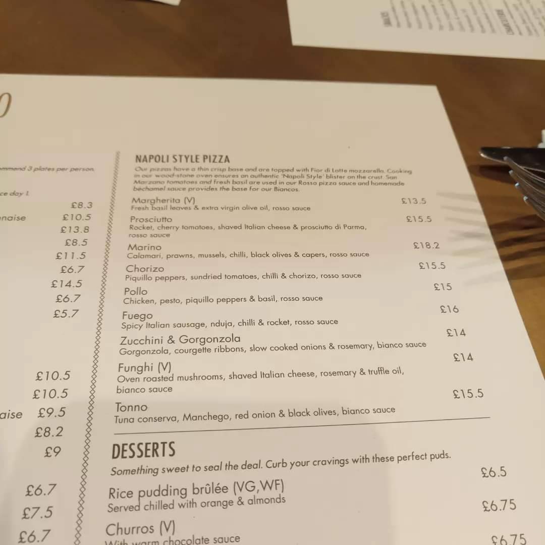 Menu at Fuego restaurant, Bracknell