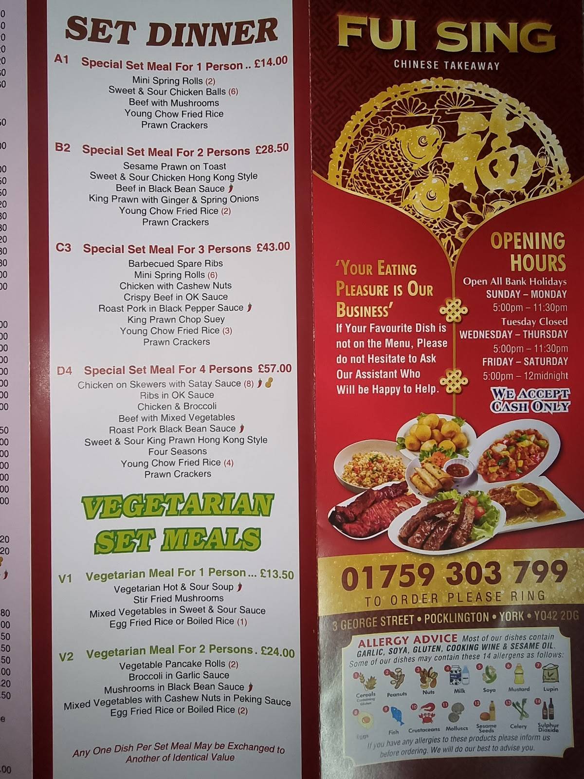 Menu at Fui Sing Chinese Take Away fast food, Pocklington
