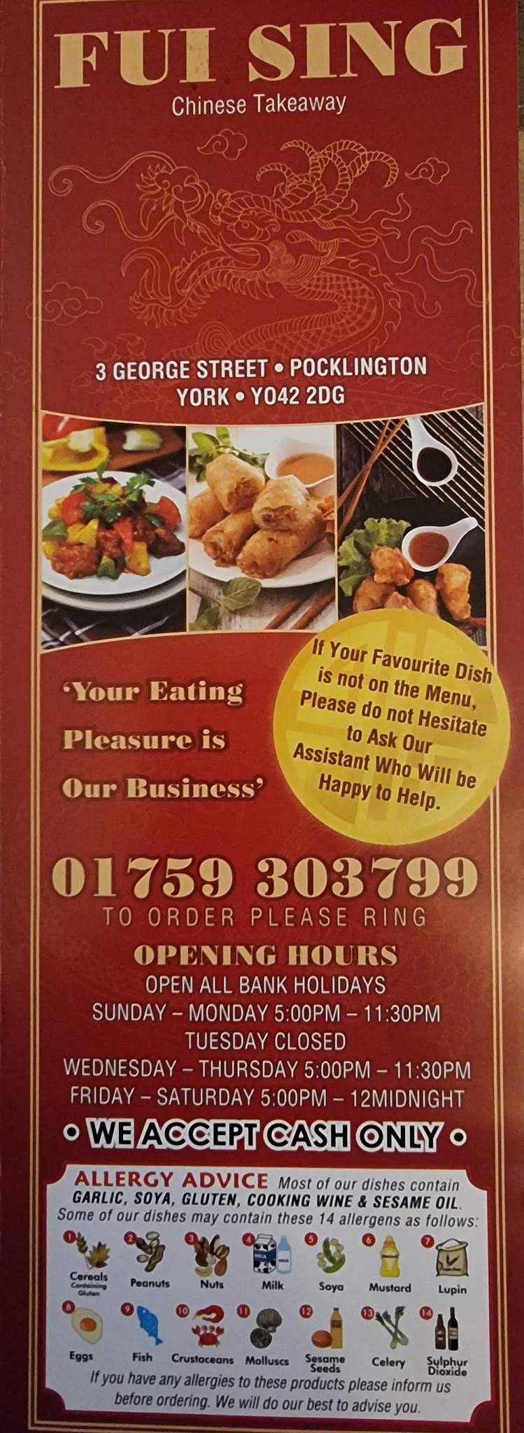 Menu at Fui Sing Chinese Take Away fast food, Pocklington