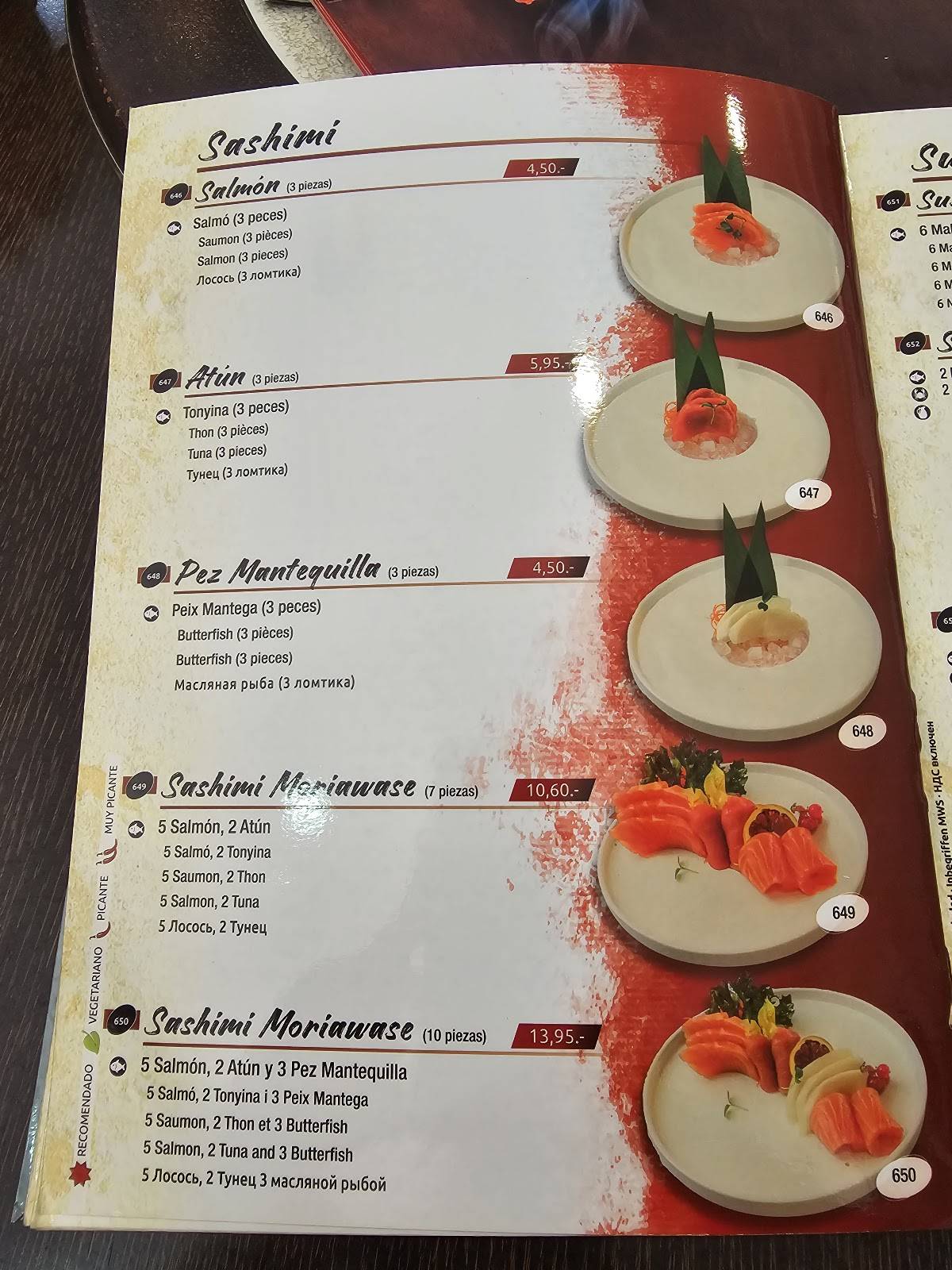 Carta del restaurante Fulin, Castillo del Aro