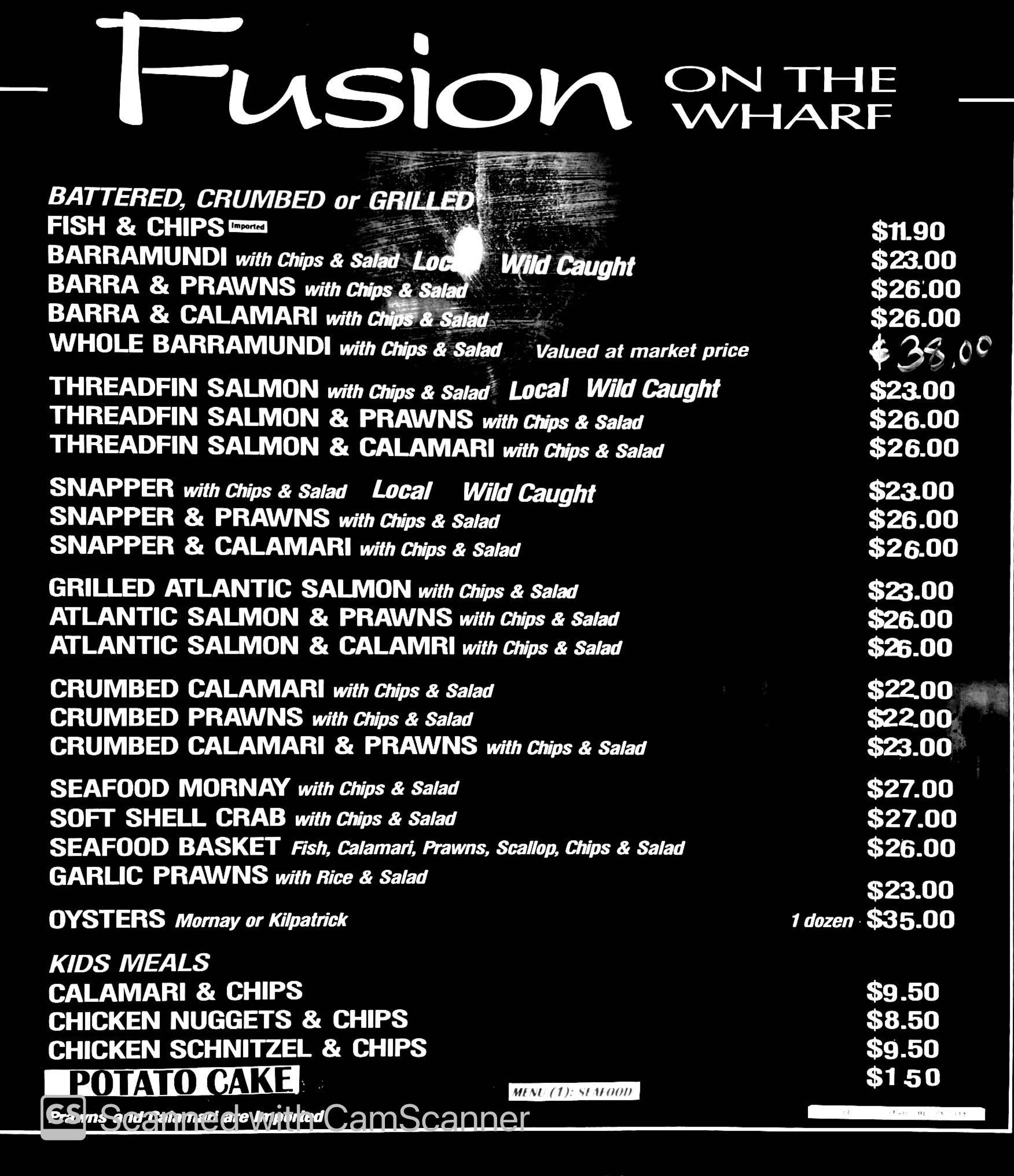 Menu at Fusion On The Wharf cafe, Darwin City, 39 Stokes Hill Rd