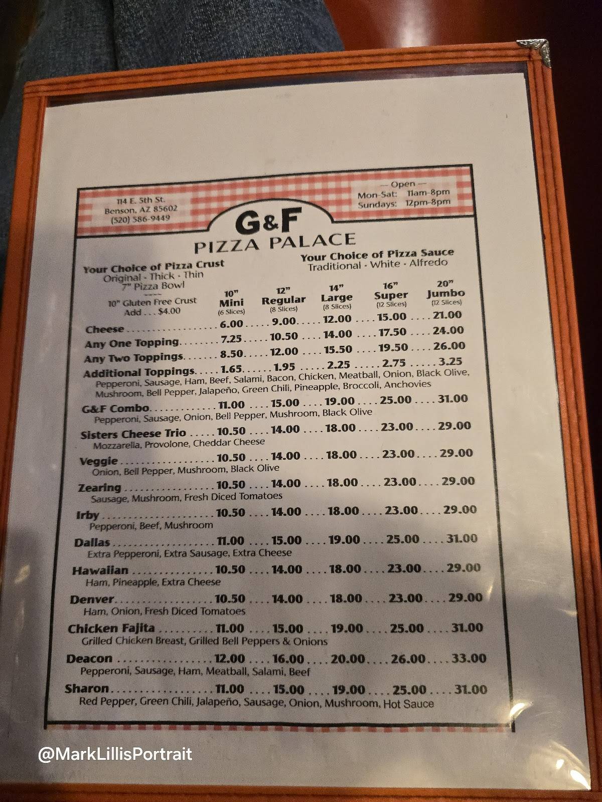 Menu at G & F Pizza Palace pizzeria, Benson