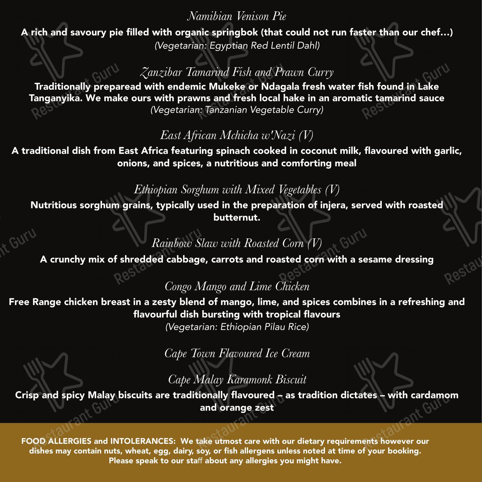 Menu at GOLD Restaurant, Cape Town, 15 Bennett St
