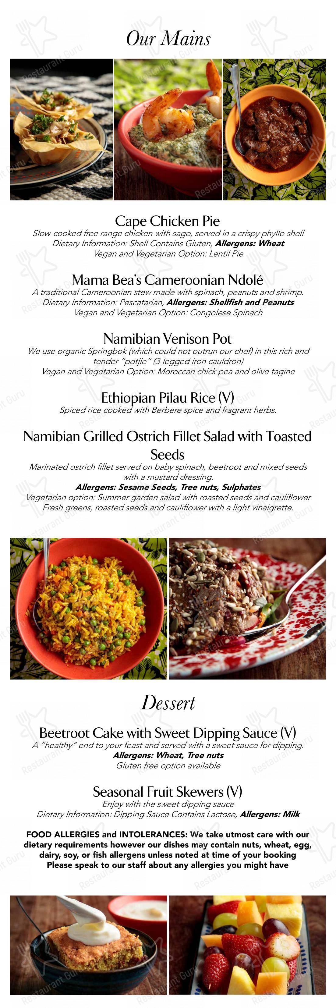 Menu at GOLD Restaurant, Cape Town, 15 Bennett St