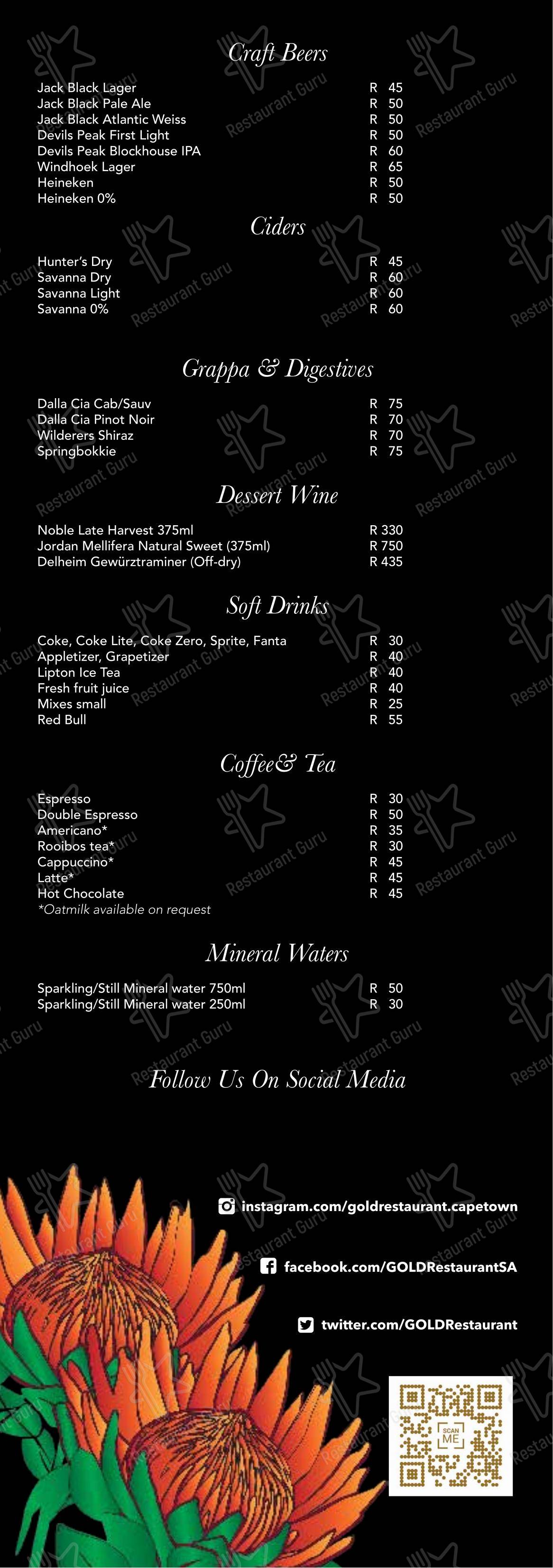 Menu at GOLD Restaurant, Cape Town, 15 Bennett St