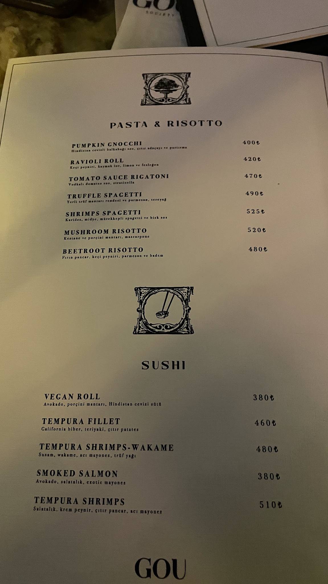 Menu at GOU Society, Istanbul
