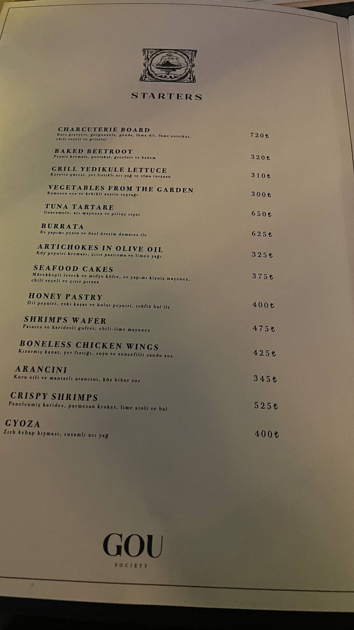 Menu at GOU Society, Istanbul