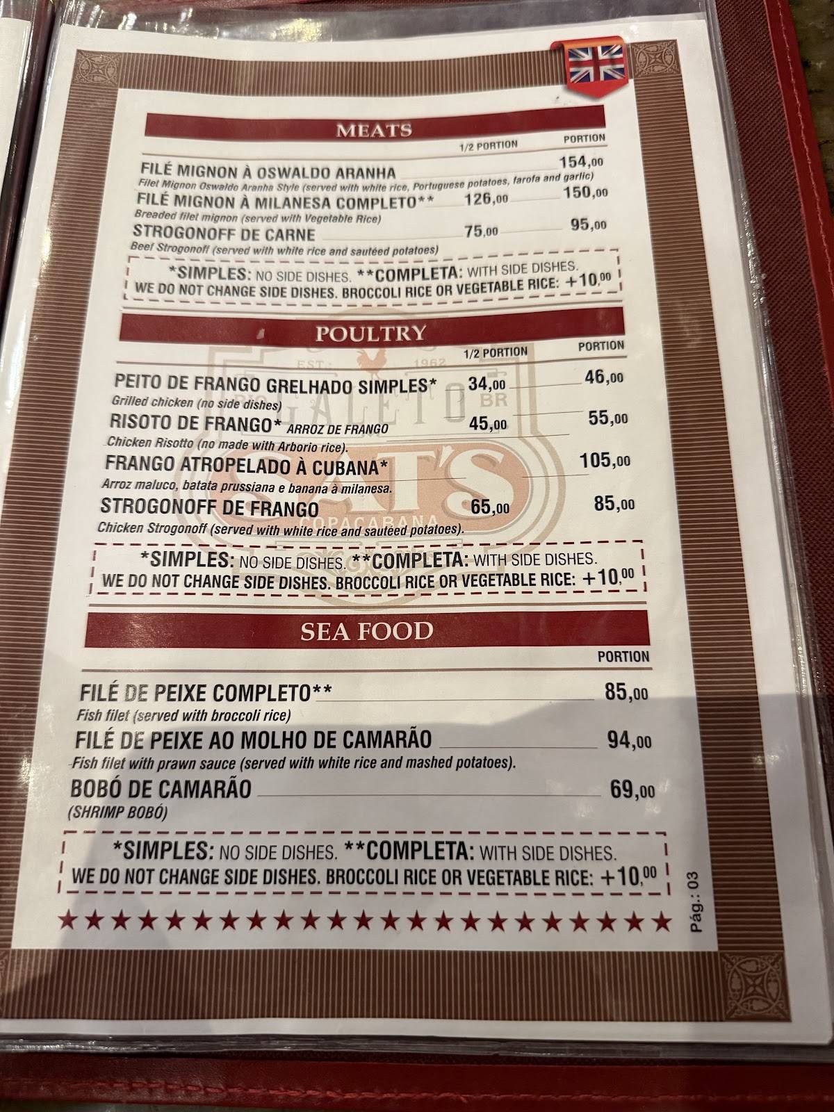 Menu at Galeto Sat's pub & bar, Rio de Janeiro, R. Barata Ribeiro
