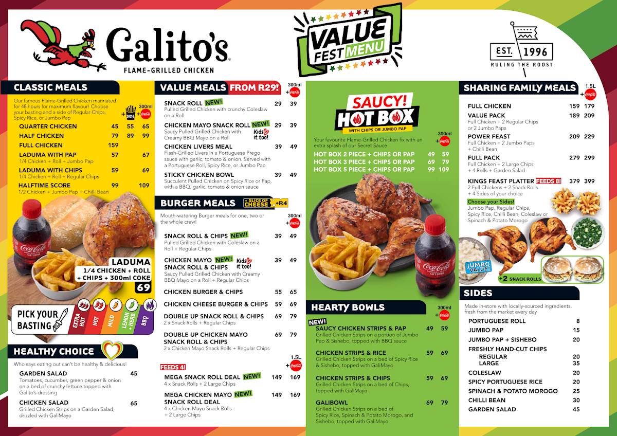 Menu at Galito's Tzaneen restaurant, Tzaneen