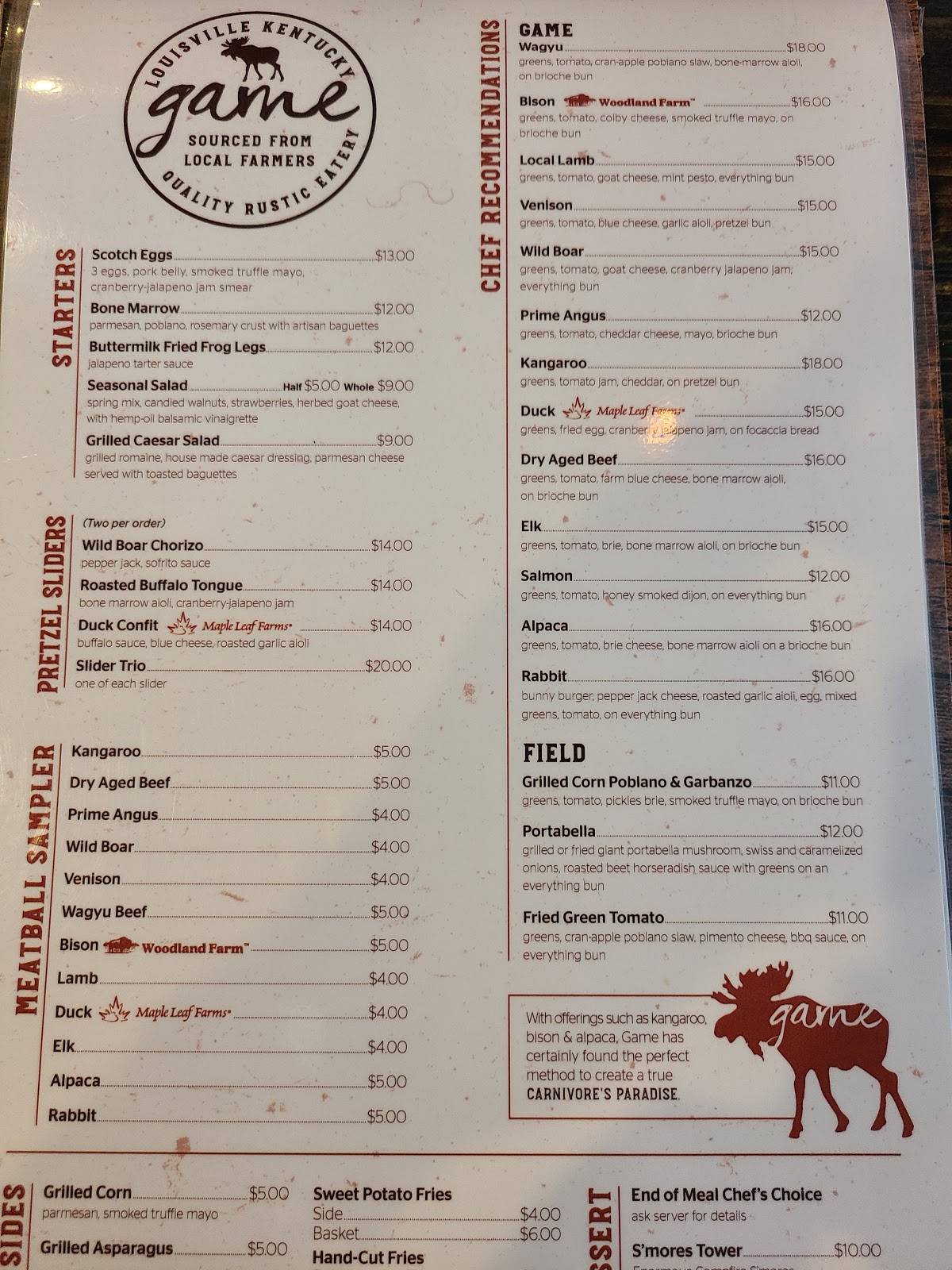 Menu at Game Restaurant, Louisville, Lexington Rd