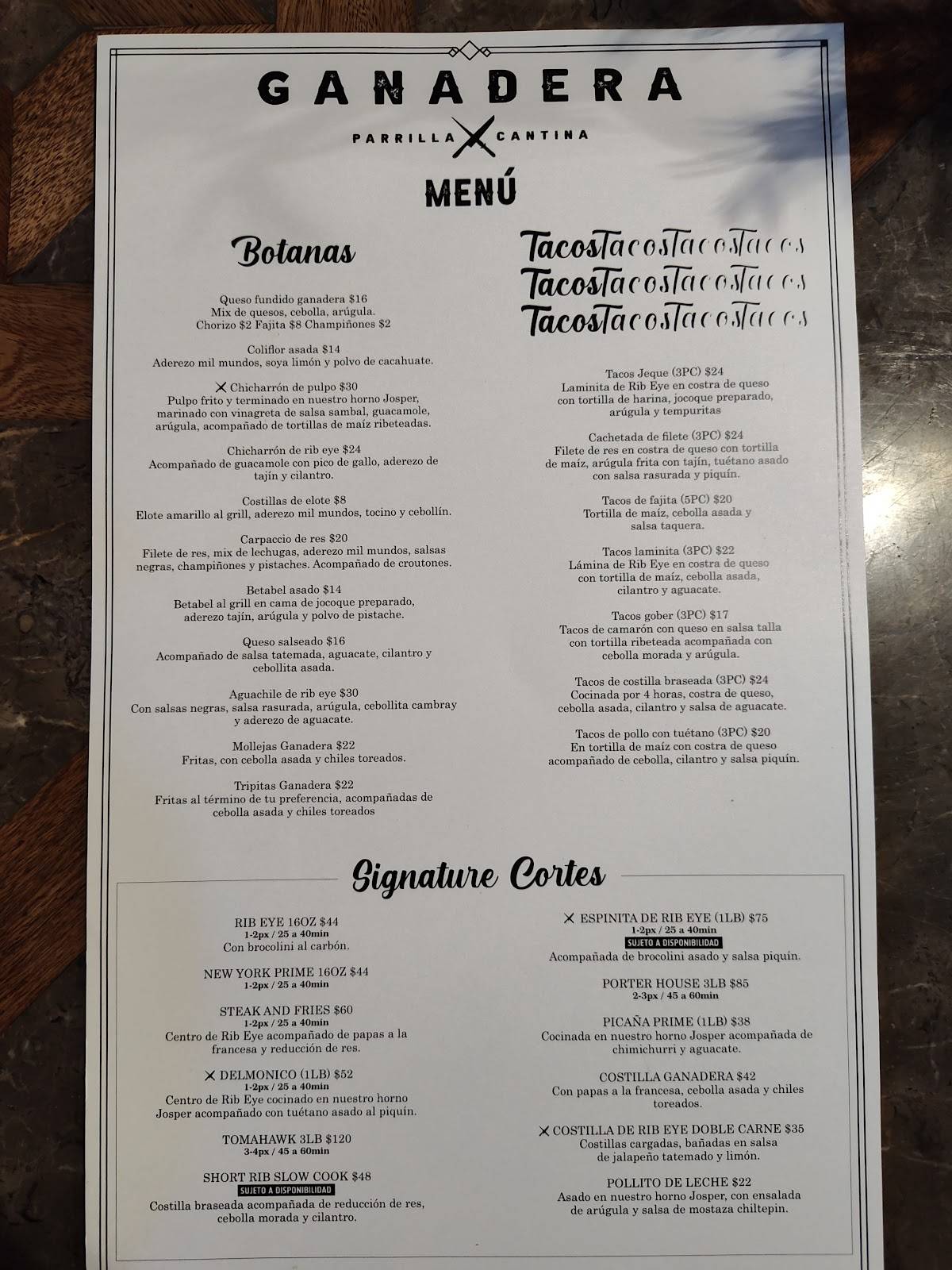 Menu at Ganadera Parrilla restaurant, McAllen