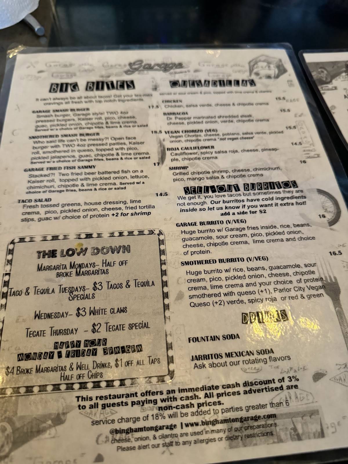 Menu at Garage Taco Bar, Binghamton