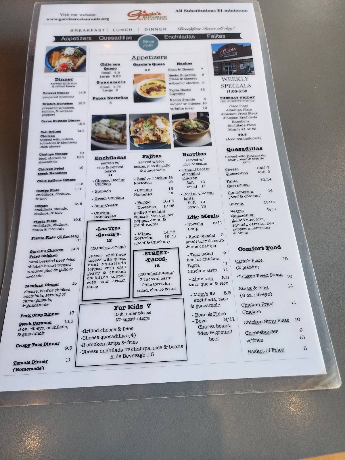 Menu at Garcia’s Mexican Food Restaurant, Bastrop