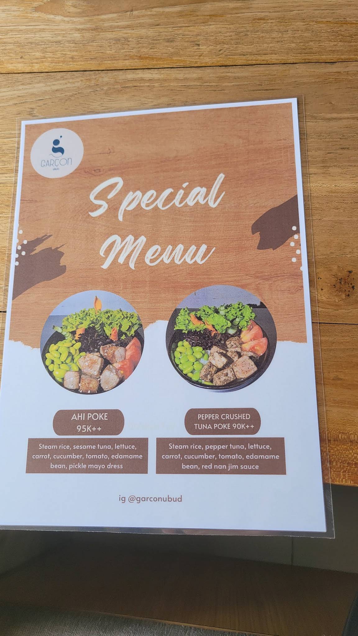 Menu at Garcon Ubud cafe, Ubud