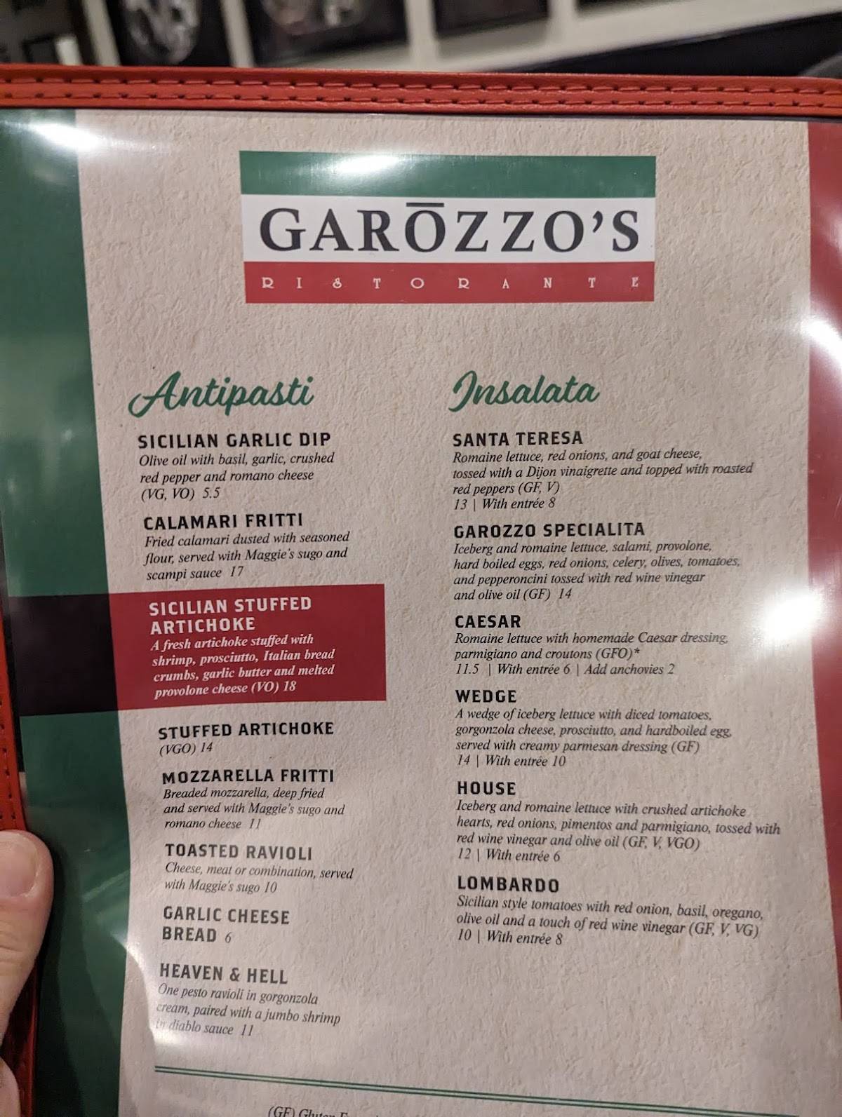 Menu at Garozzo's Downtown restaurant, Kansas City
