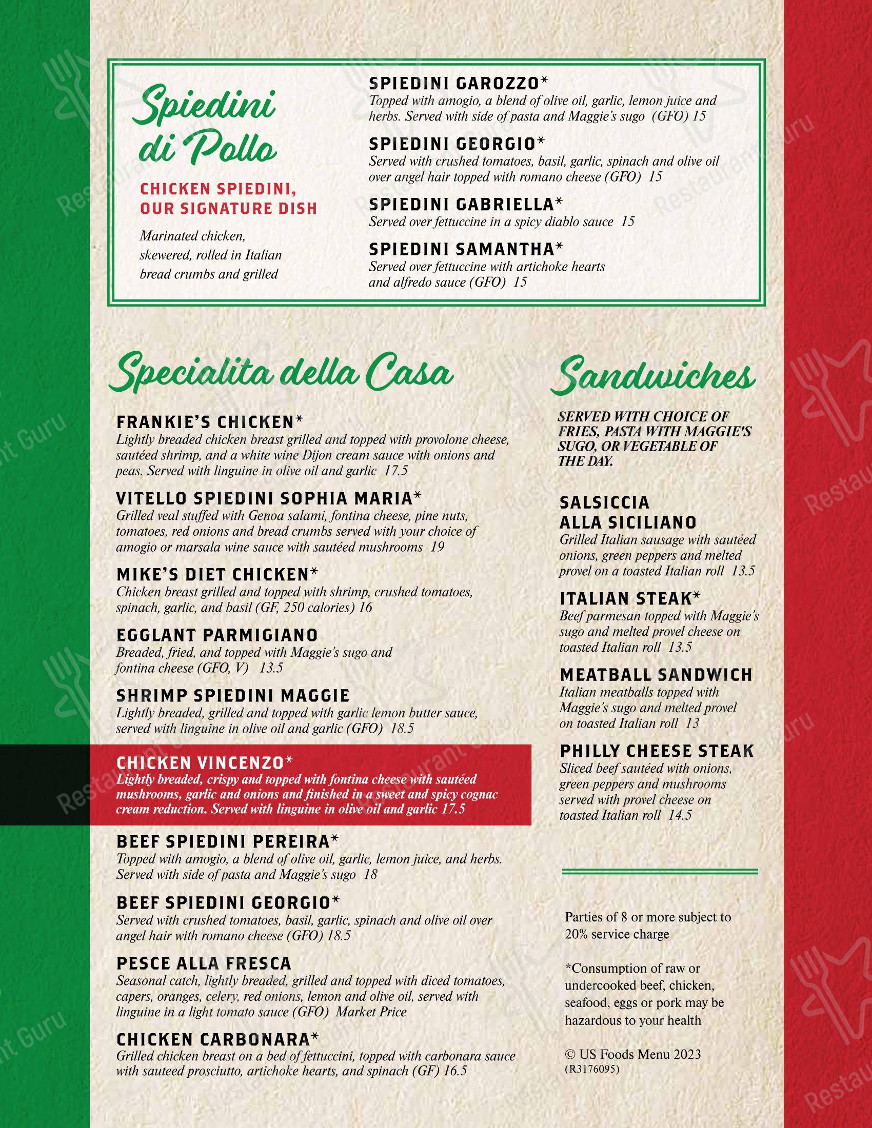 Menu at Garozzo's Downtown restaurant, Kansas City