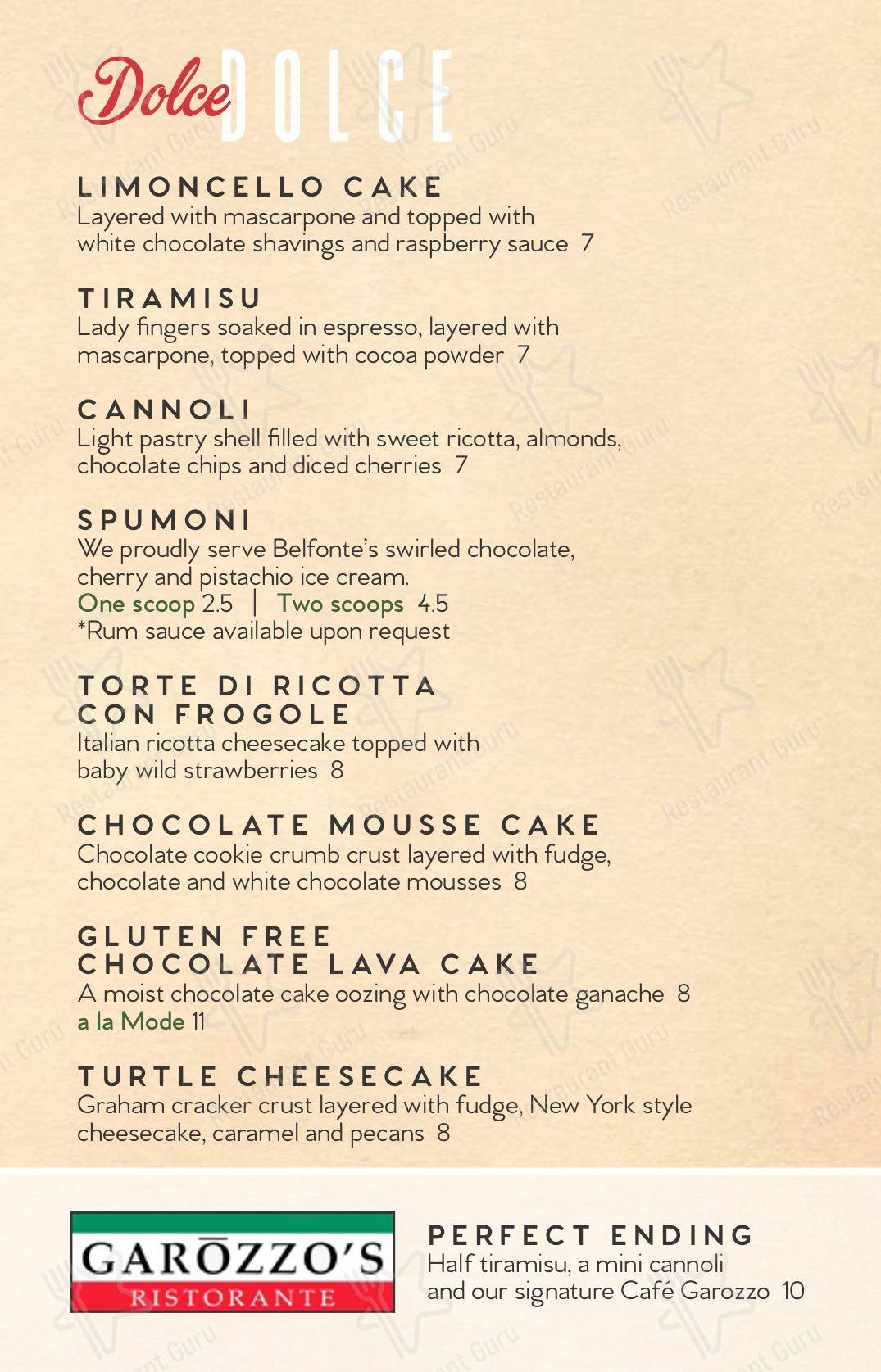 Menu at Garozzo's Downtown restaurant, Kansas City