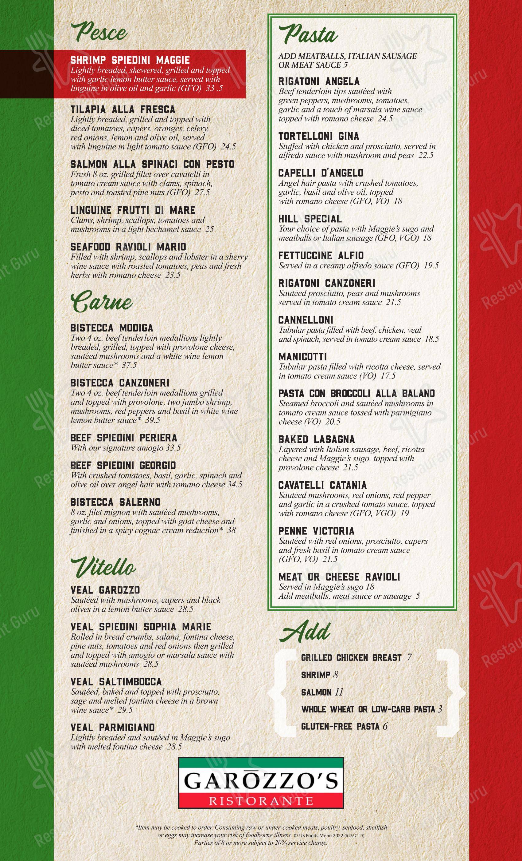 Menu at Garozzo's Downtown restaurant, Kansas City