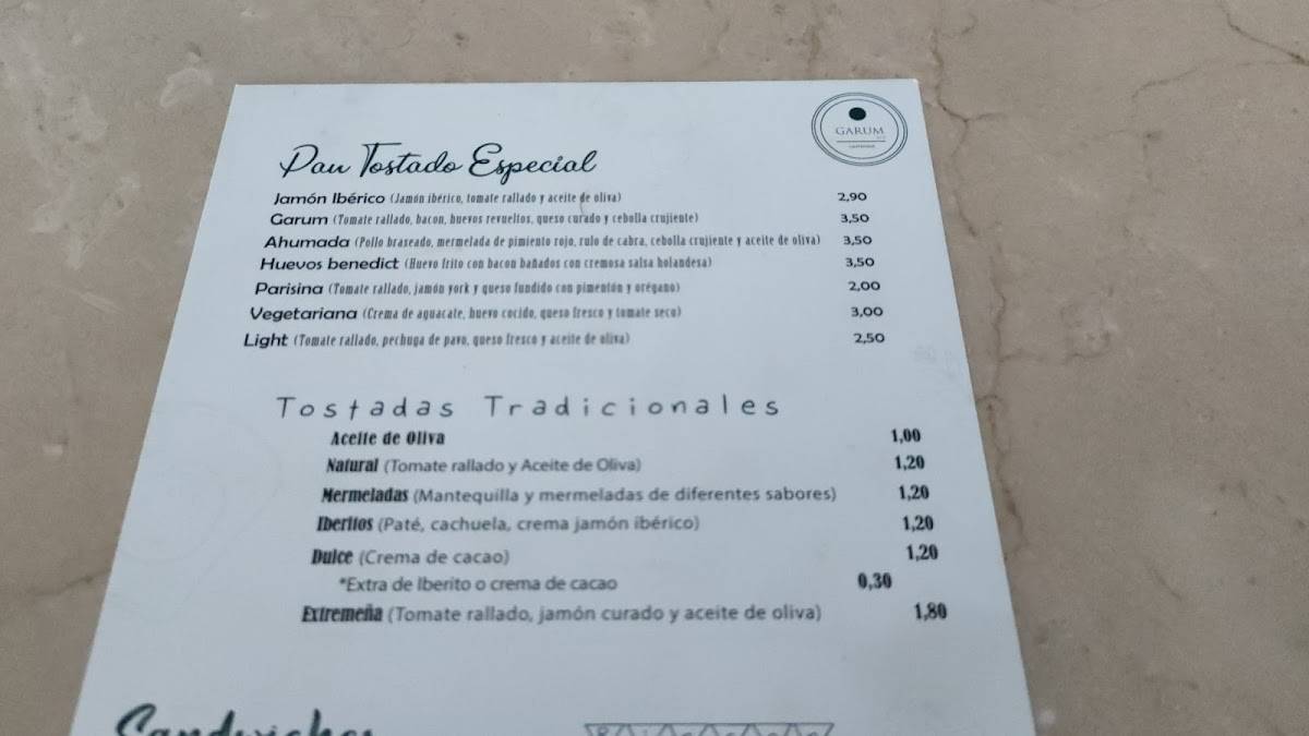 Carta de Garum 2021 Gastrobar, Arroyo de la Luz