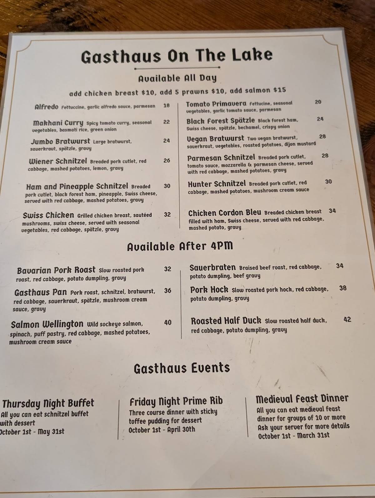 Menu at Gasthaus on the Lake pub & bar, Peachland