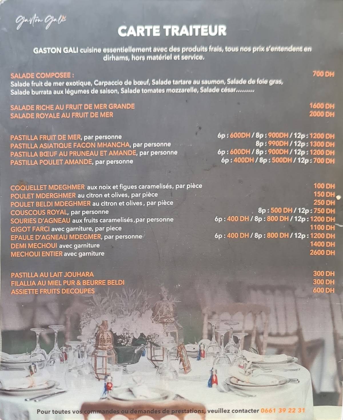Menu au Gaston Gali restaurant, Rabat