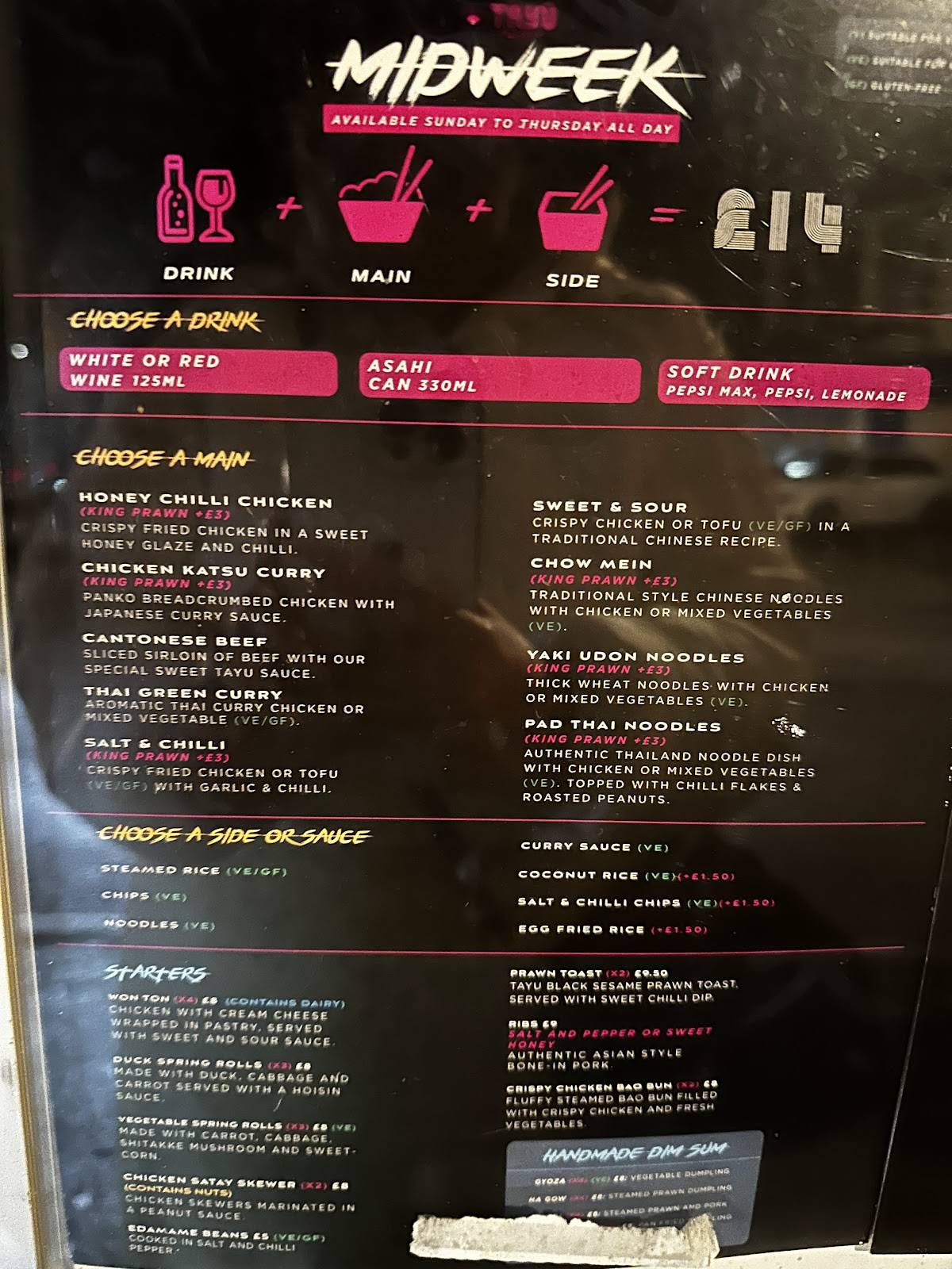 Menu at Tayu Pan Asian restaurant, Gateshead