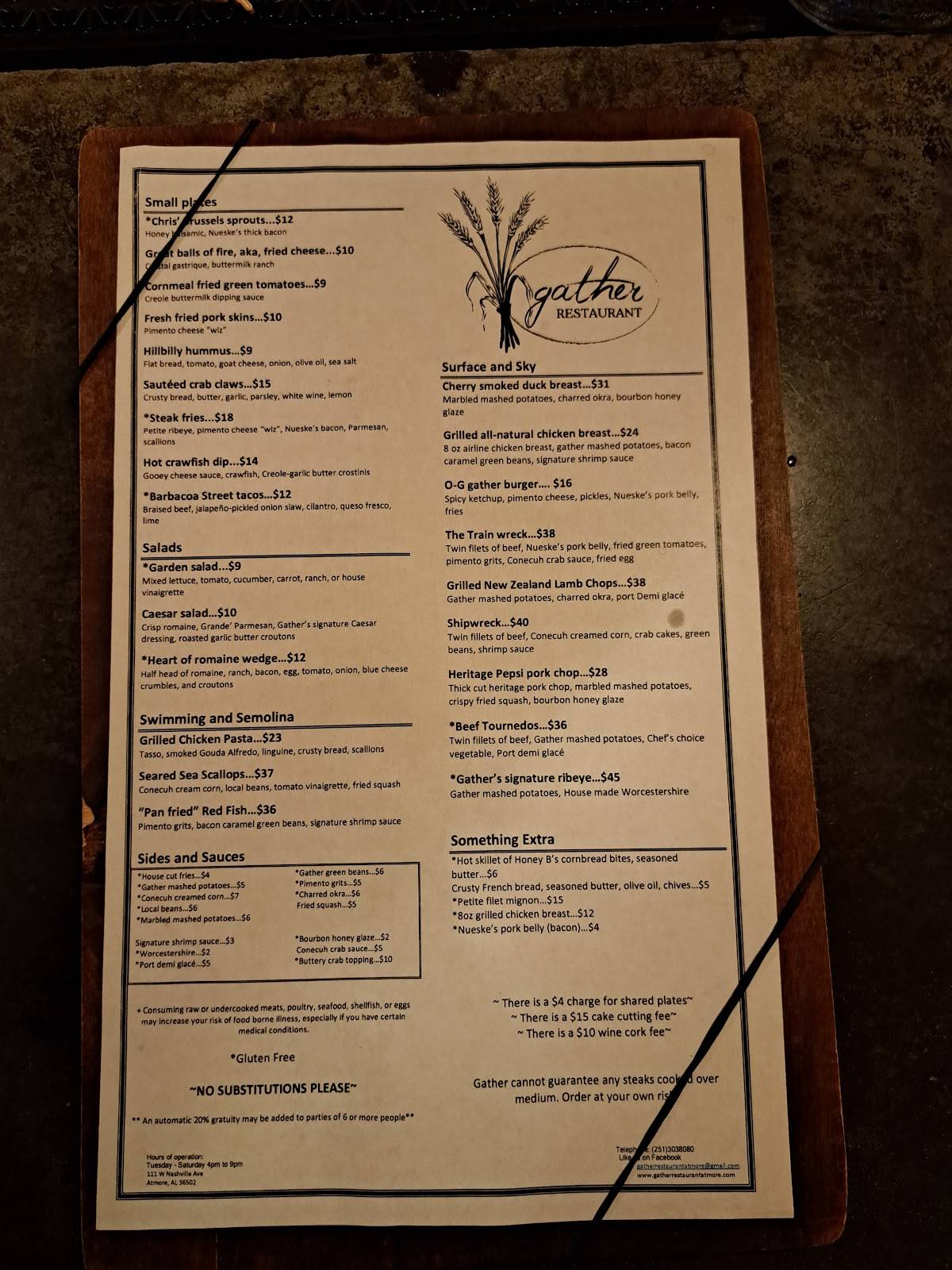 Menu at Gather Restaurant, Atmore