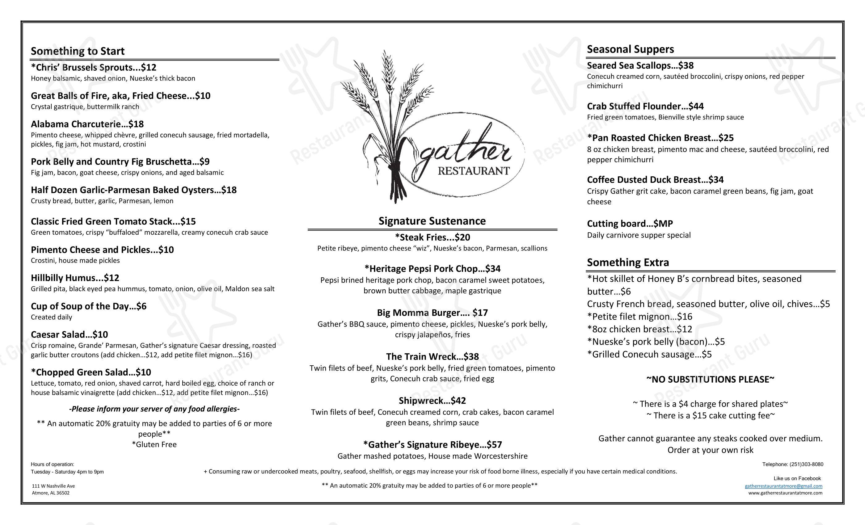 Menu at Gather Restaurant, Atmore