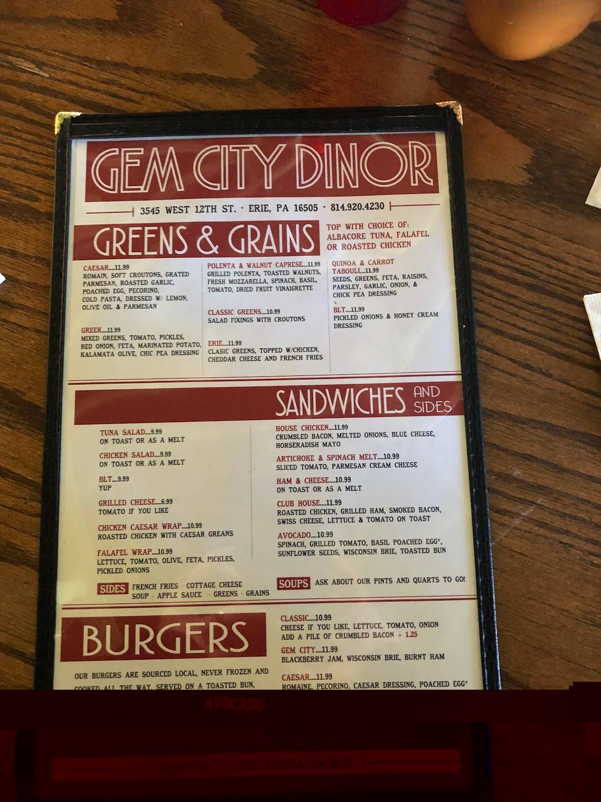 Menu at Gem City Dinor restaurant, Erie