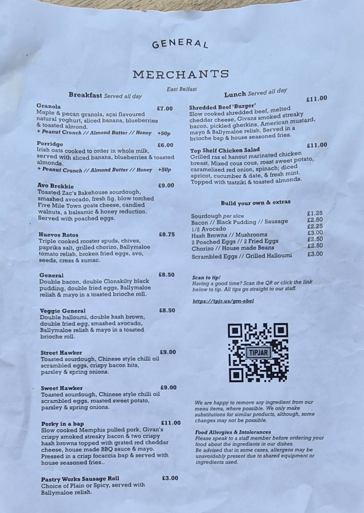 Menu at General Merchants cafe, Belfast, 481 Upper Newtownards Rd