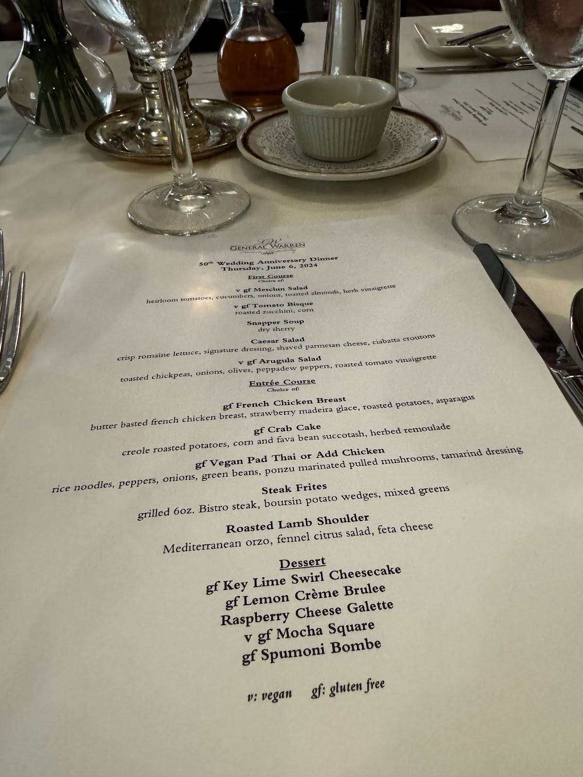 Menu at General Warren restaurant, Malvern