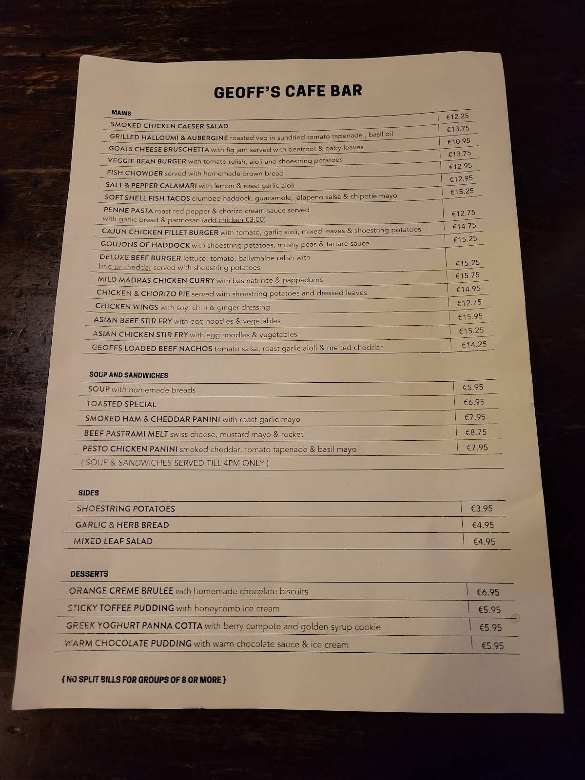 Menu at Geoff's Cafe Bar, Waterford